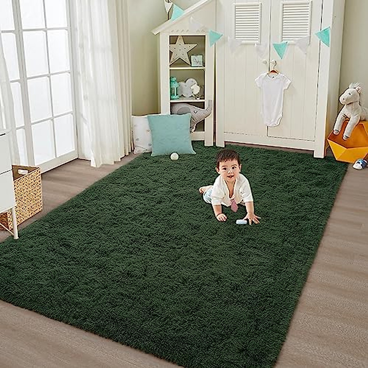 Jocovieh Soft Deep-Green Rugs for Bedroom, 5x7 Feet Fluffy Carpets, Indoor Modern Plush Area Rugs for Living Room Kids Girls Room, Non-Slip Shag Rug for Nursery Home Decor, Deep-Green