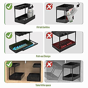 Mastom Under Sink Organizers and Storage, Kitchen Bathroom Sink Organizer with Hooks, 2 Tier L Shaped Pull Out Under Cabinet Basket Storage with Sliding Drawers, Black