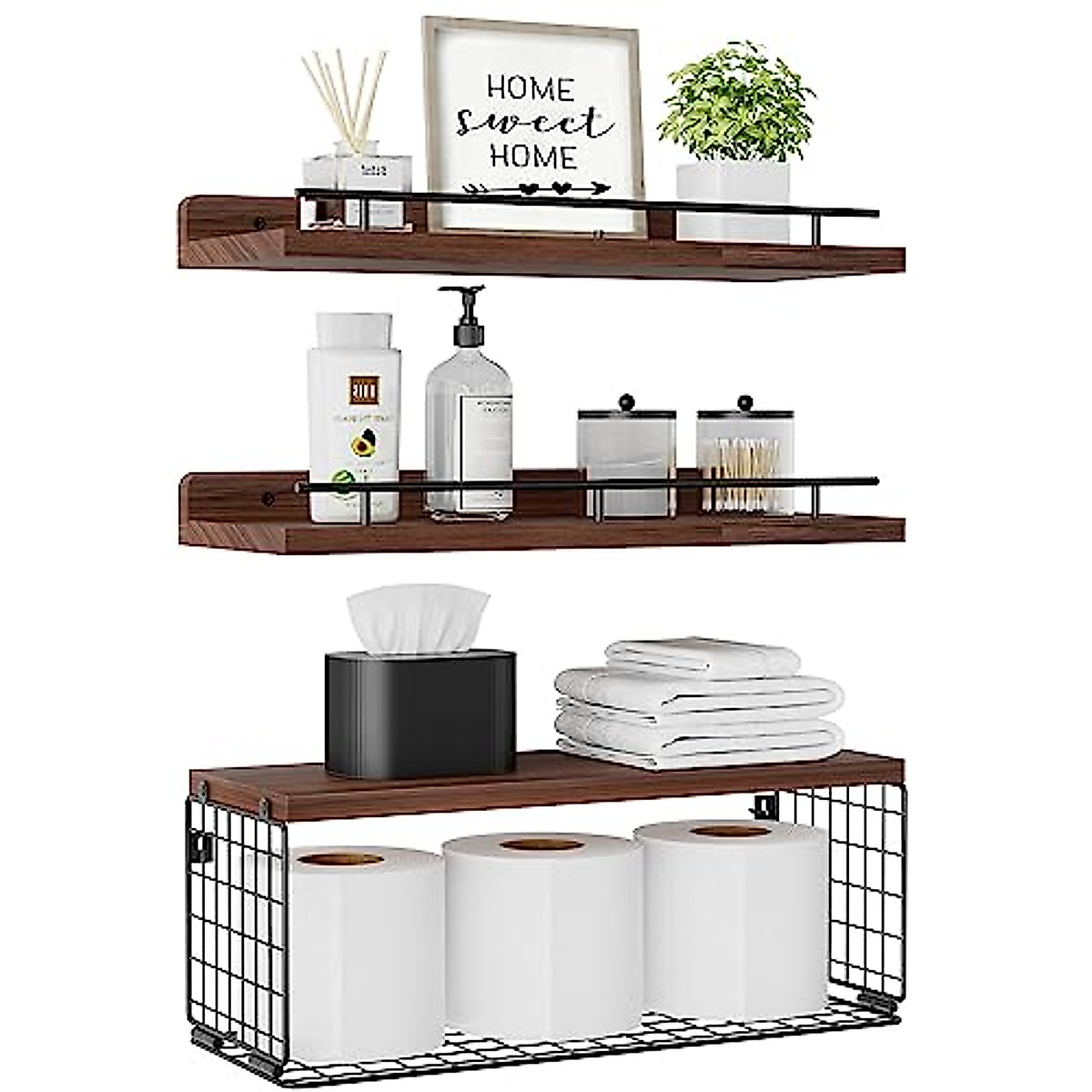 Xeapoms Floating Shelves with Wire Storage Basket, Wall Mounted Bathroom Shelves Over Toilet with Metal Guardrail, Rustic Wood Wall Shelf for Bathroom Decor,Bedroom,Living Room,Kitchen – Rustic Brown