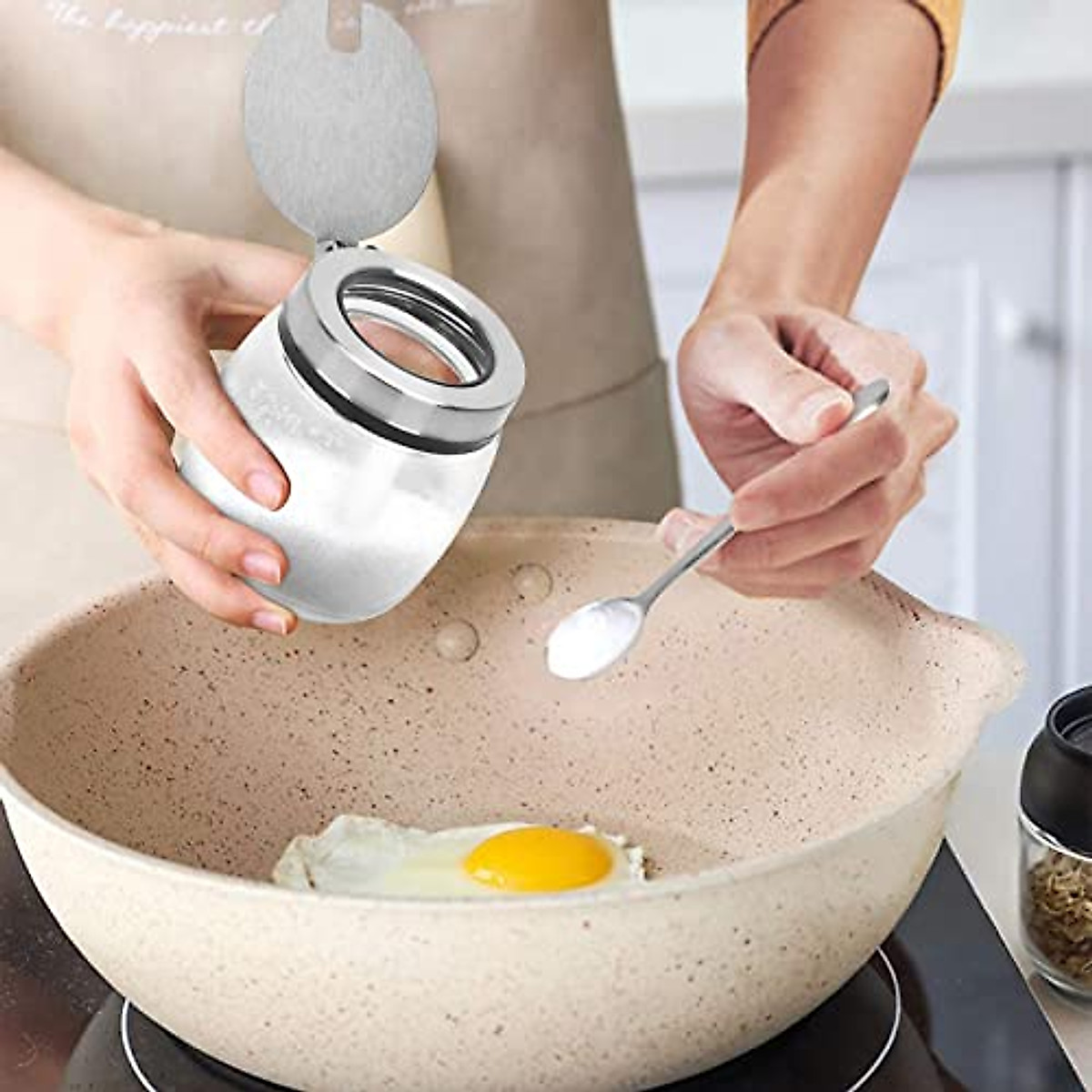 only fire Condiment Jar Spice Container with Lids, Stainless Steel Serving Spoons, Base Rack and Labels - Glass Seasoning Bottles Kitchen Accessories | Set of 3