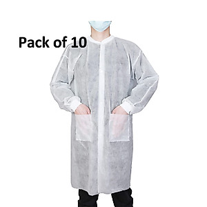 Cleaing Pack of 10 Disposable Lab Coats for Adult Large, 2 Pockets with Knitted Collar and Cuffs