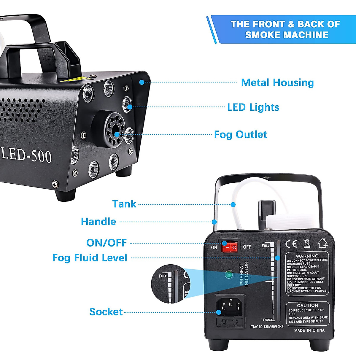 Upgraded Smoke Machine Fog Machine, 2000CFM Fog 8 LED and 13 Colors Lights Timing Remote Control Auto Spray, 500W Professional Stage Fogger for Christmas Halloween Party DJ Show Wedding Indoor Outdoor