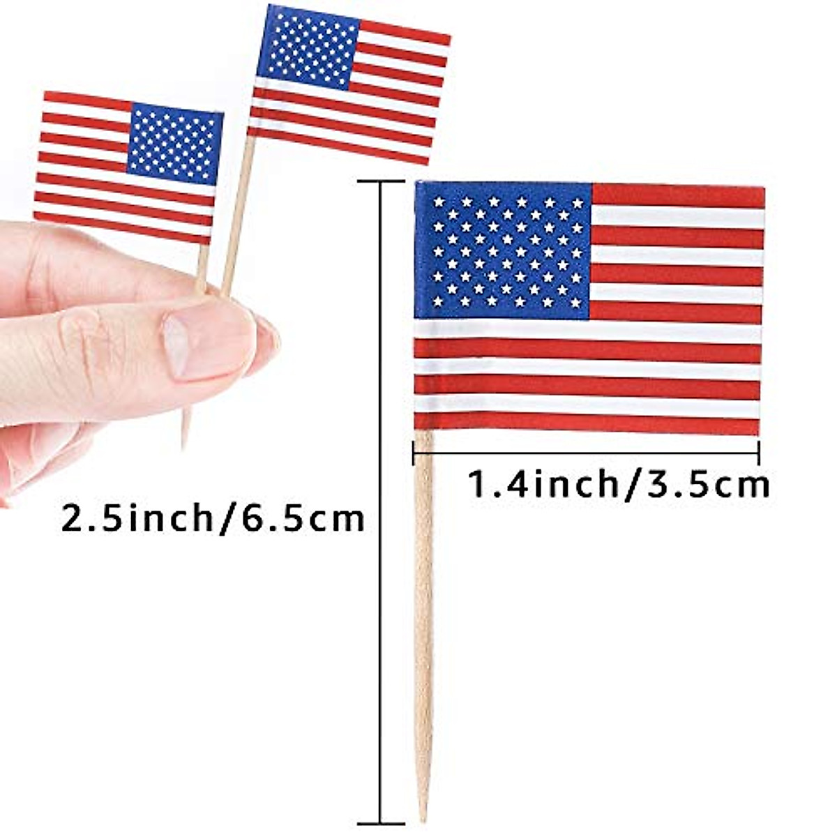 PartyWoo, 100 Counts Wooden Toothpicks for Appetizers, Skewers, Cocktail Sticks, Food Pick, BBQ, Memorial Day Decorations Flag, 2.5 inch, American Flag-1172