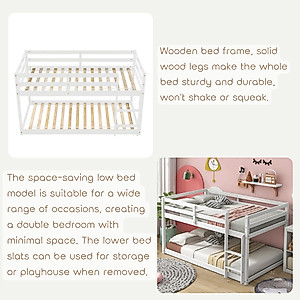 Harper & Bright Designs Low Bunk Beds Twin Over Twin Wood Twin Bunk Bed Frame with Safety Rail Ladder for Kids Bedroom Twin Floor Bunk Bed for Boys Girls Teens, White