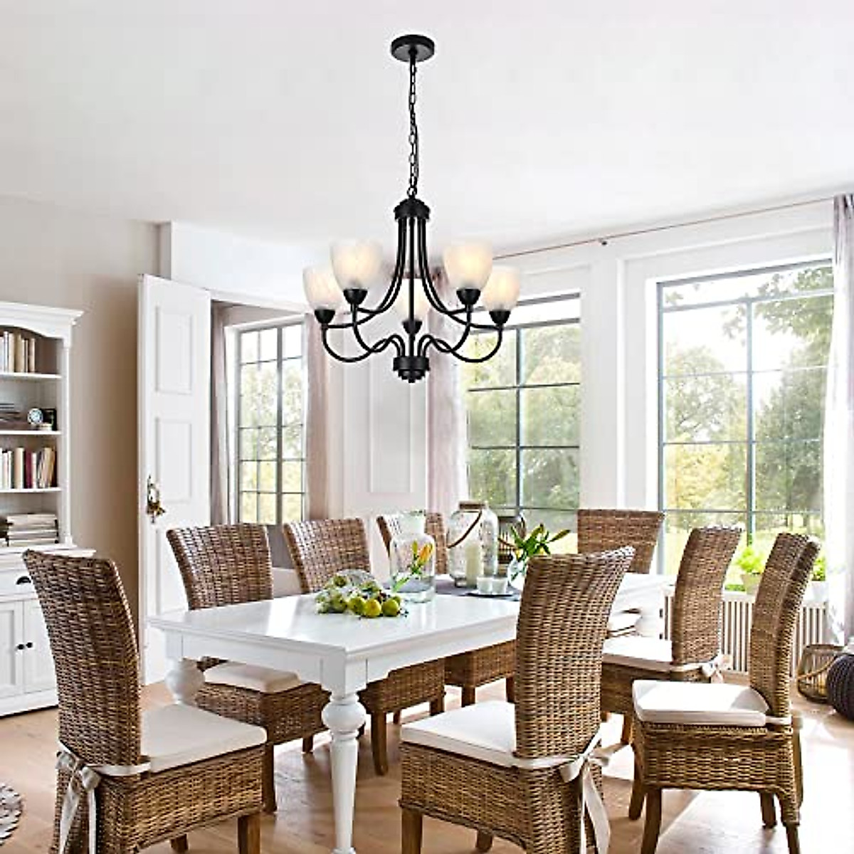 MELUCEE Classic Modern Chandeliers for Dining Room with Alabaster Glass Shade, 5-Light Dining Room Light Over Table Contemporary Ceiling Light Fixtures Traditional for Foyer Kitchen Bedroom