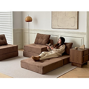 N&V Free Combination Convertible Folding Sofa Bed, Armless Foam Floor Sofa, Sleeper Floor Couch for Living Room and Bedroom Sleeper Chair with Pillow(Brown, 35 * 35 inch)