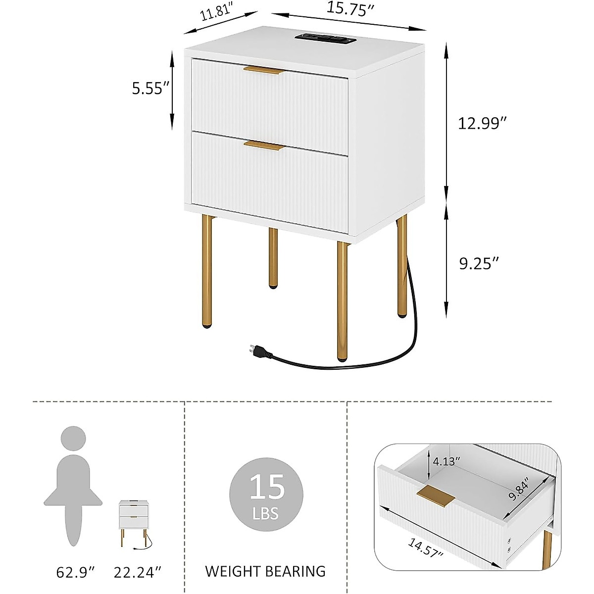 Aienvey Nightstand with Charging Station,Small Side Table with 2 Drawers, Bedside Furniture, White Night Stand, End Table with Gold Frame for Bedroom, Living Room, Stripe