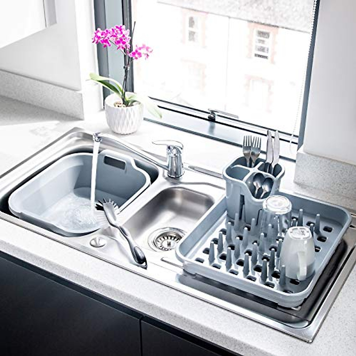 Addis Eco 100% Recycled Plastic Cutlery Utensil Drainer Tray holder caddy with 4 compartment, Light Grey