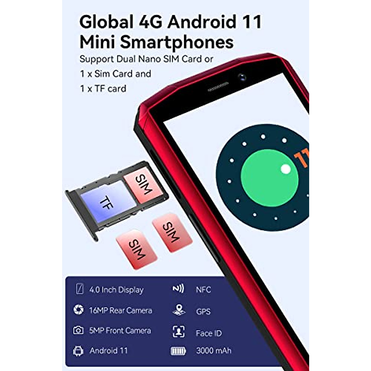 CUBOT Pocket 4.0 inch Mobile Phone, 4G Smartphone SIM Free Phones Unlocked, Android 11 Small Phone,16MP Camera,3000mAh,4GB+64GB/128GB Extension,Face ID/NFC/GPS (Black+Red)