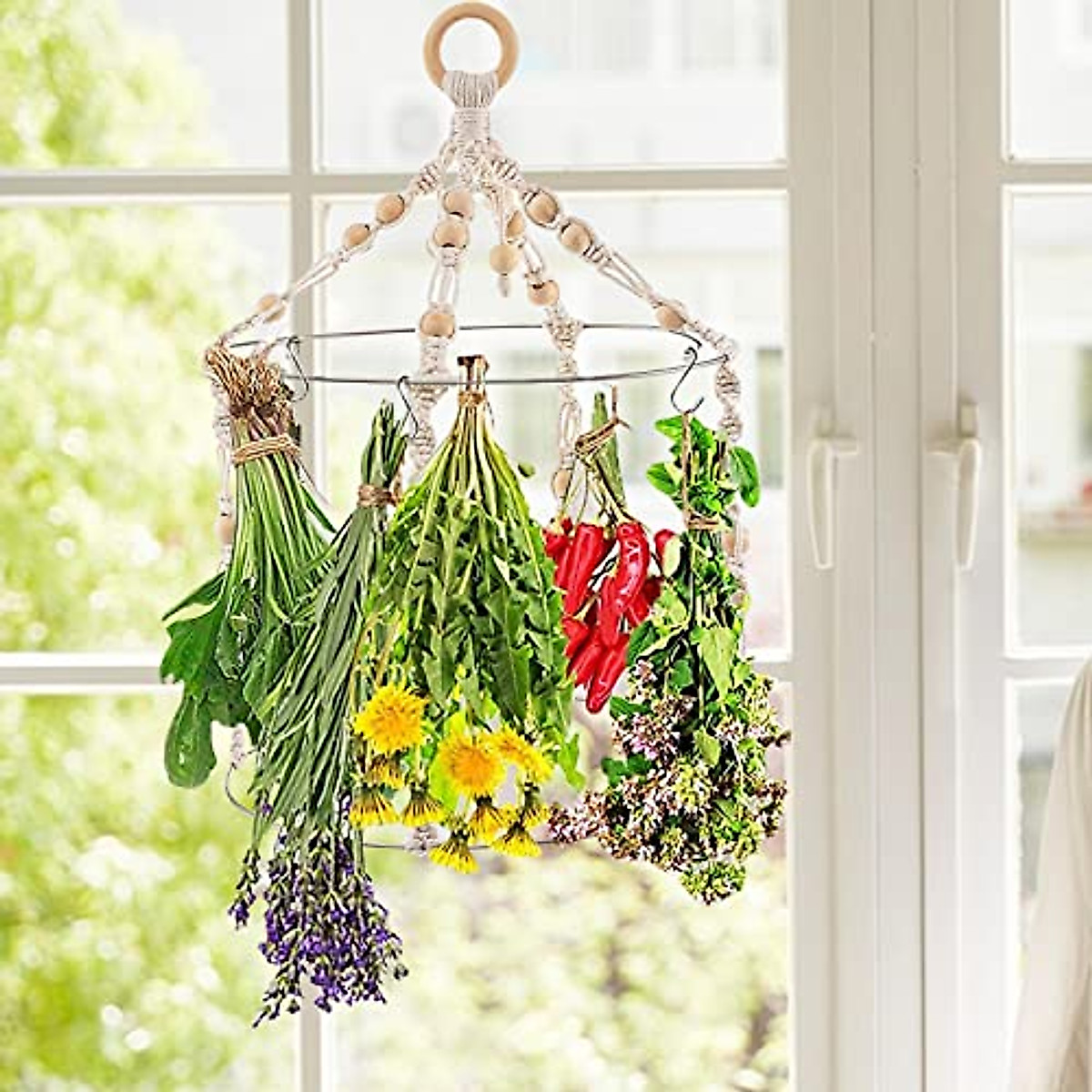 NULYUNZE Boho Herb Drying Rack, Hanging Herb Dryer Rack, Herb Drying Rack with 15 Hooks, Boho Handcrafted Macrame Mobile Hanging Drying Rack for Vanilla Herbaceous Plant