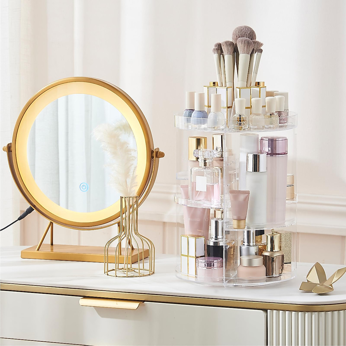 SUNFICON Rotating Makeup Organizer 360 Rotation Cosmetic Storage Holder Crystal Clear Acrylic Makeup Turntable Spin Display Stand Bathroom Bedroom Countertop Vanity Dressing Table Gift Girl Lady Women