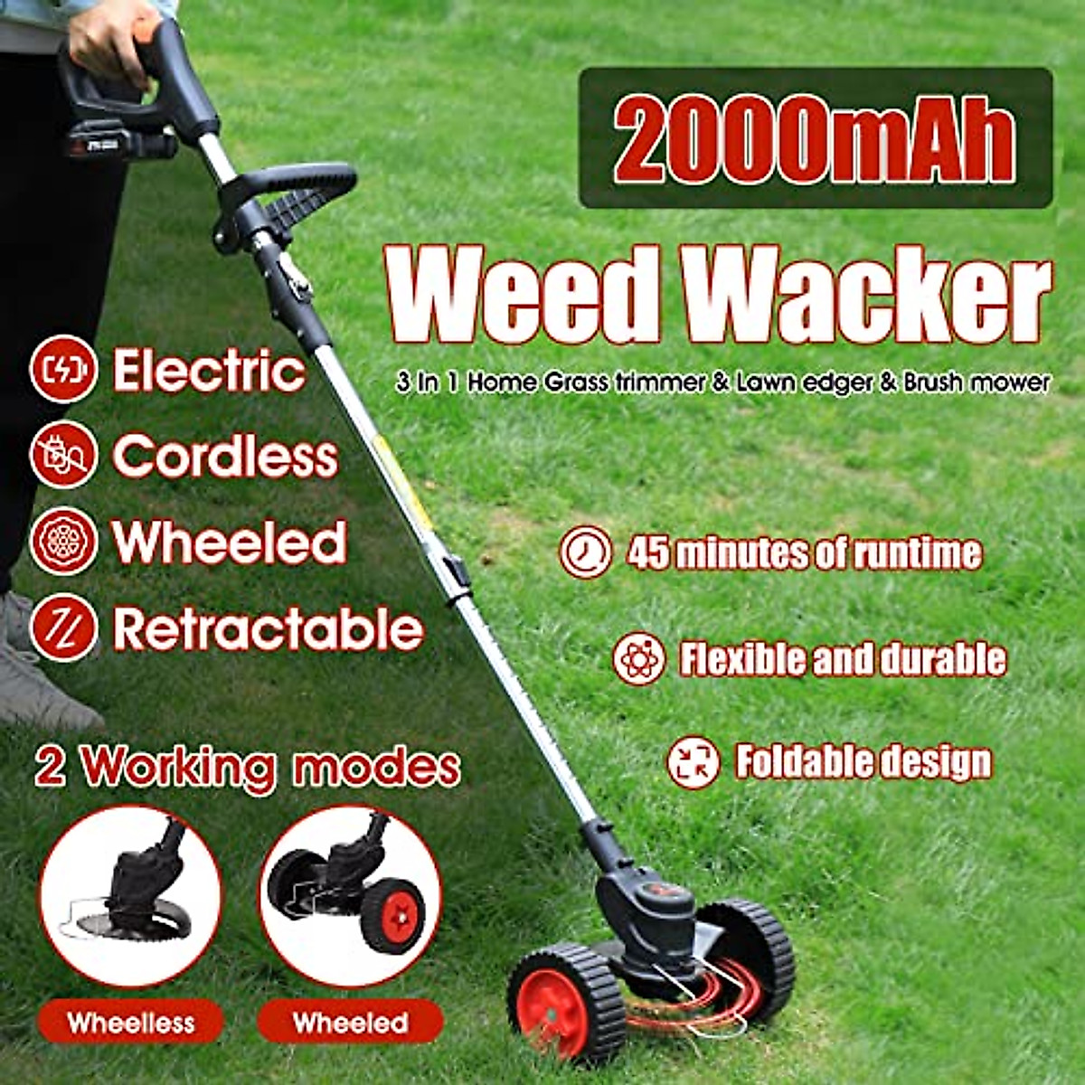 Weed Wacker,Electric Weed Eater,3-in-1 Cordless Weed Eater,Wheeled Lawn Edger,Telescopic and Folding Handle Weed Wacker Battery Powered,90° Head Adjustable Edger Lawn Tool for Yard,Garden (Black)