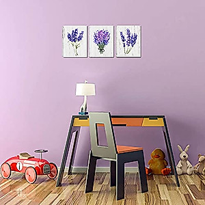 gold mi Flowers Home Decorations Purple Lavender Flower Artwork for Living Room Office Bathroom Wall Decor Floral Grey Wood Grain Rustic Posters and Prints Frame to Hang 12*16inch