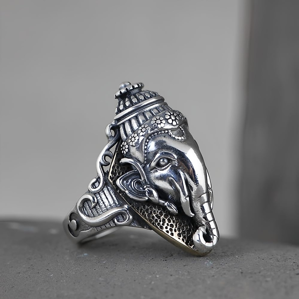 Retro Vintage 925 Sterling Silver Hindu Elephant Lord Ganesh Ring Ganesha Jewelry for Men Women Size 11