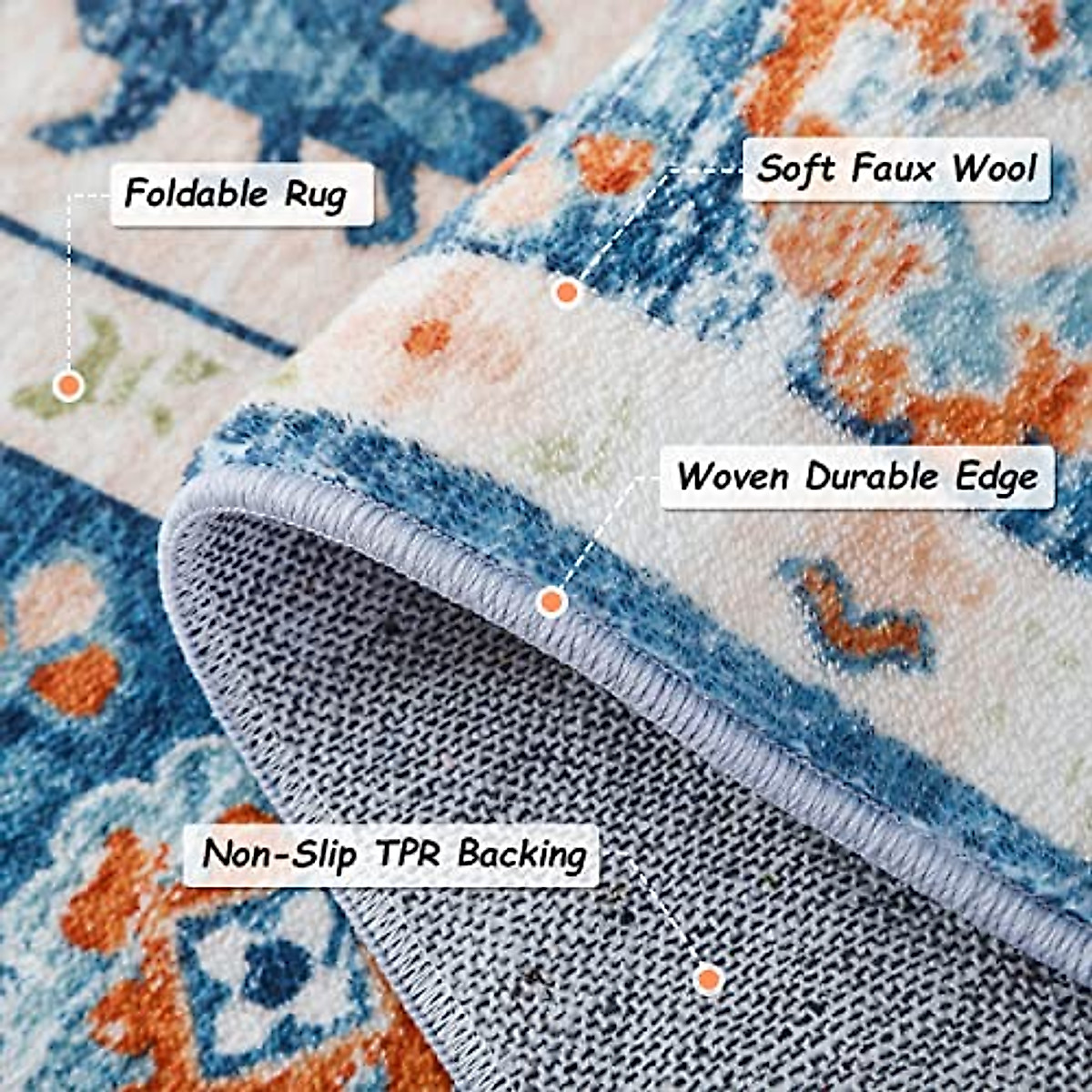 YUFANUHO Bohemian Area Rugs 5x7 Feet Wool Rugs, Low Pile Non-Slip Foldable Boho Medallion Rug with Oriental Stylish Floor Carpet for Living Room Bedrooms, Boho Floral Rug 5x7 Feet