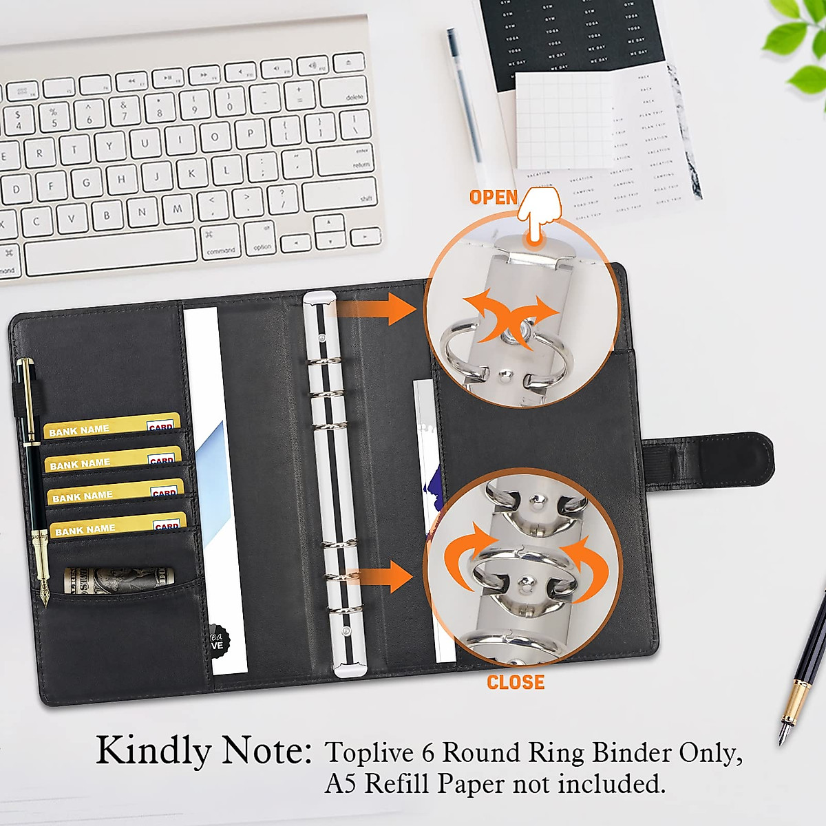 Toplive A5 Notebook Binder 6 Ring Refillable Binder, PU Leather Planner Binder Personal Budget Binder Organizer Cover with Magnetic Closure for A5 Filler Loose Leaf Paper, Matte Black