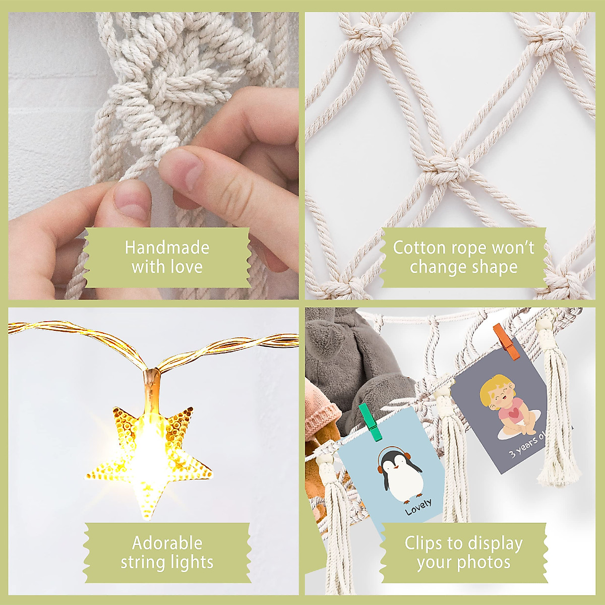 UNKENBO Stuffed Animal Storage Hammock - Macrame Toy Hammock with Photo Clips, Star String Lights, Space Saving Hanging Corner Stuffed Animal Net or Hammock, Boho Kids Bedroom Decor (Cream)