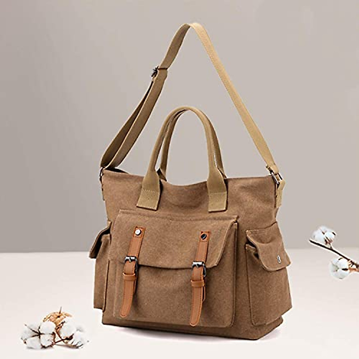 Women's Vintage Canvas Shoulder Tote Purse Satchel Large Crossbody School Bag Top Handle Handbag (Brown)
