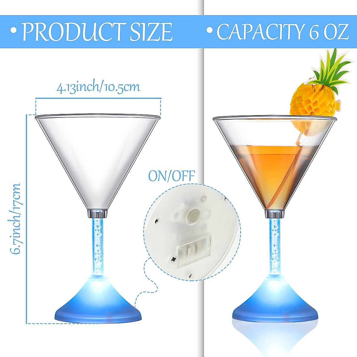 Honeydak 4 Pcs Light up Plastic Martini Cocktail Glasses LED Flashing Martini Drinking Margarita Wine Glasses Acrylic Glow in The Dark Cups for Wedding Birthday Party Favors