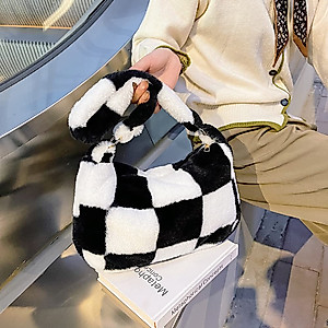 JQWSVE Fluffy Tote Bag Furry Shoulder Bag for Women Black and White Checkered Bag Large Plush Bag Fluffy Purse for Autumn and Winter