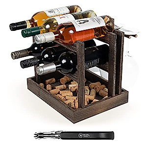 Rustic State Yapincak Countertop Wine Rack with Cork Opener - 6 Bottle 4 Stemware Glass Holder with Cork Storage Tray - Freestanding Wood Tabletop Display - Home Bar Décor - Burnt Brown