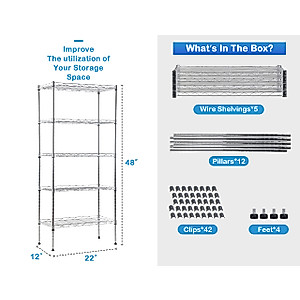5-Tier Metal Wire Shelving Unit Kitchen Shelf Organizer Kitchen Storage Rack Utility Shelf Snack Shelf, NSF Certified Storage Shelves for Storage, Garage Shelving Storage Shelf Pantry Shelves
