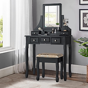 COSTWAY Vanity Desk Set with Mirror, Vanity Desk and Cushioned Stool Set with 5 Storage Drawers, Makeup Dressing Table for Bedroom Women Girls (Black)