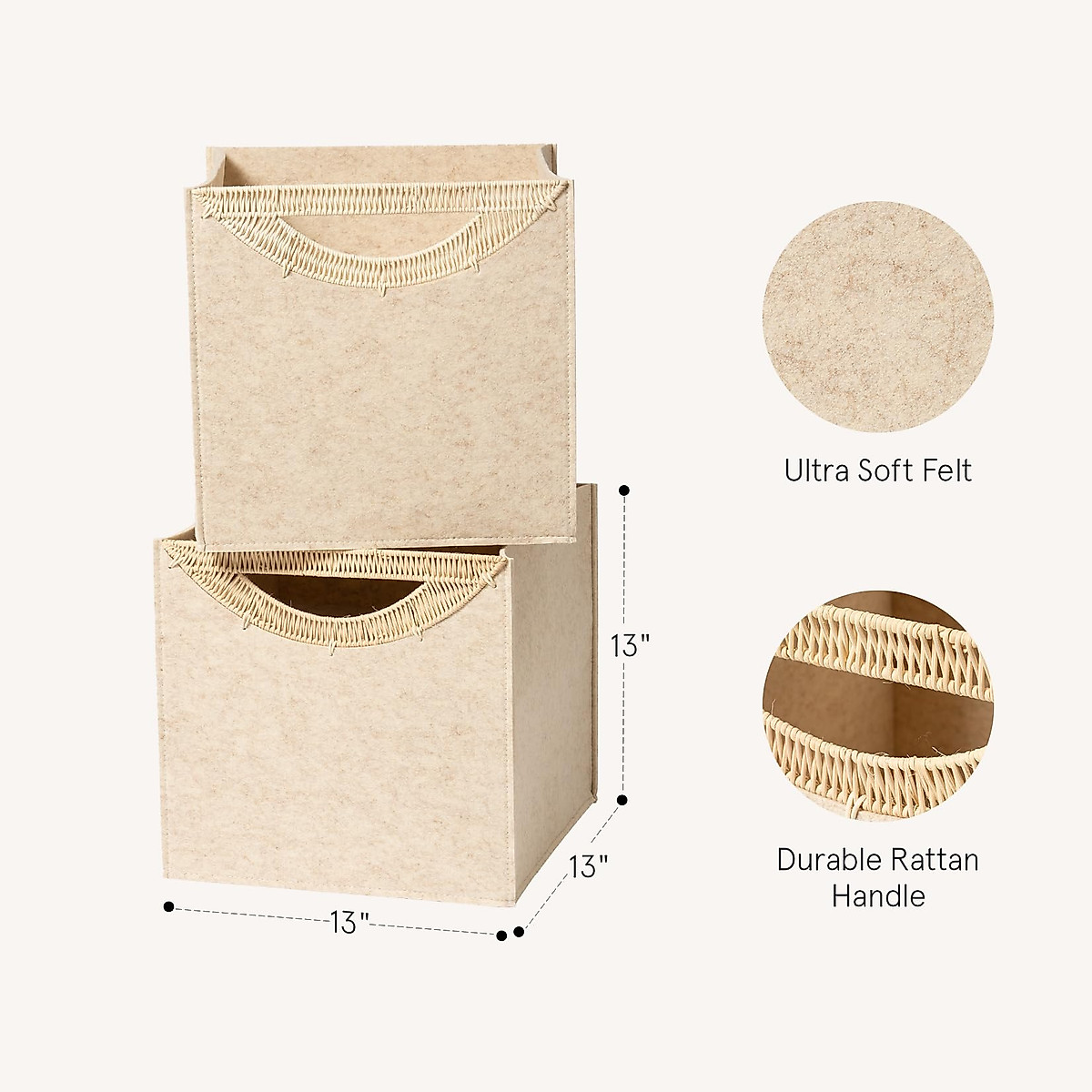 La Jolie Maison 2 Pack Foldable Oatmeal Felt Cube Bins, 13 Inch Storage Cube with Rattan Handle, Decorative Storage Bins for Closet Toys Bedroom