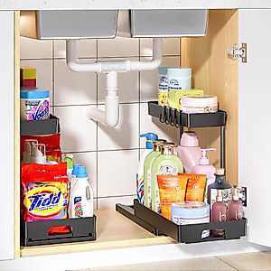 TidyLamu 2 Pack Under Sink Organizers and Storage, 2 Tier L-Shape Pull Out Under Cabinet Organizer, Black Under Bathroom Kitchen Sink Organizer with Drawer for Under Counter Storage Organizer