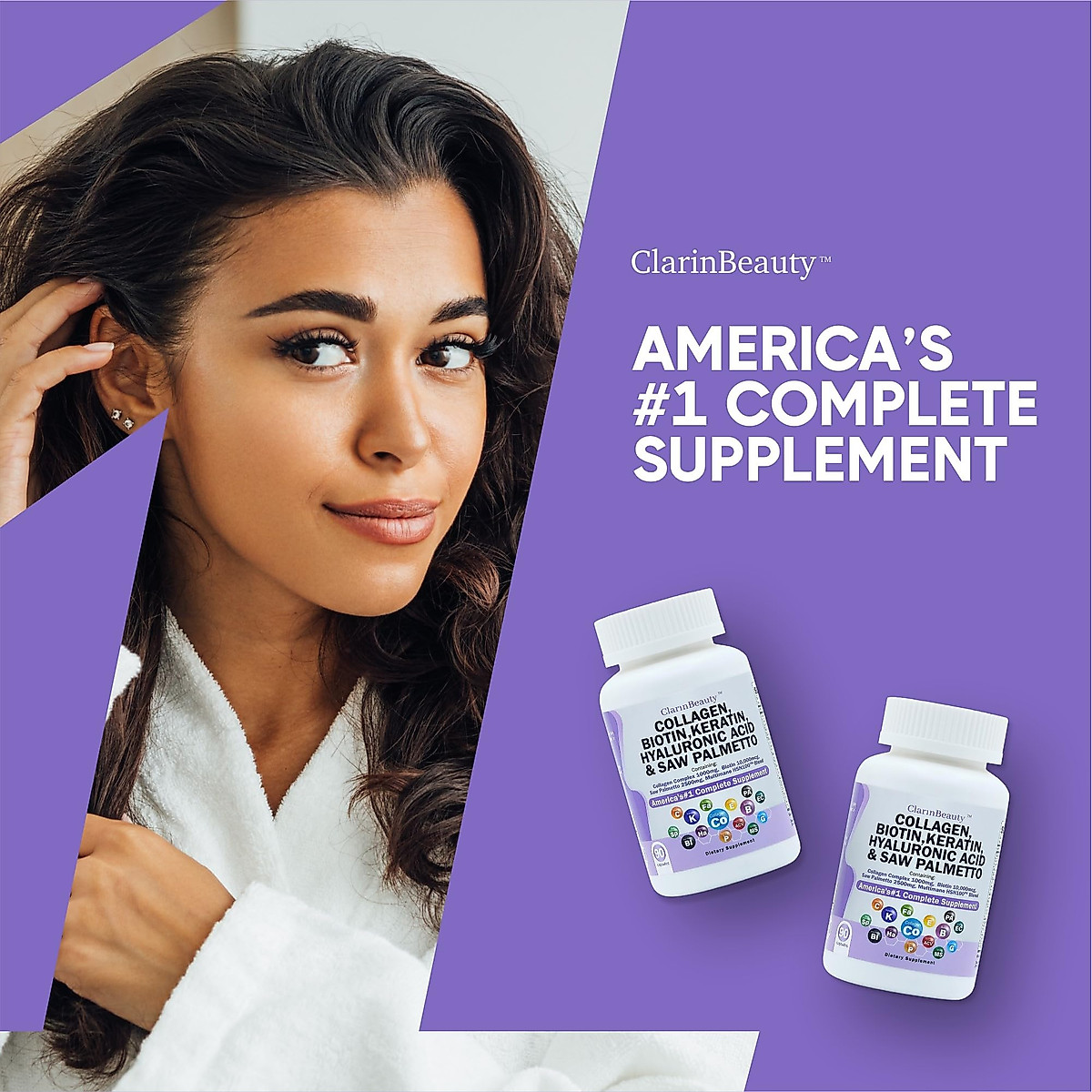 ClarinBeauty 100% Natural Collagen Pills 1000mg Biotin 10000mcg Keratin Saw Palmetto 2500mg Hyaluronic Acid & Pumpkin Seed with Vitamin C and Vitamin E