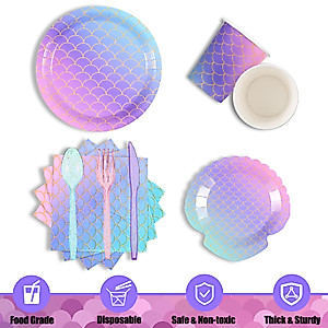 Roshtia 172 Pcs Mermaid Birthday Party Supplies (Serve 24) Disposable Mermaid Tableware Set for Girl Birthday Baby Shower Party with Plates, Cups, Napkins, Tablecloth, Backdrop, Banner