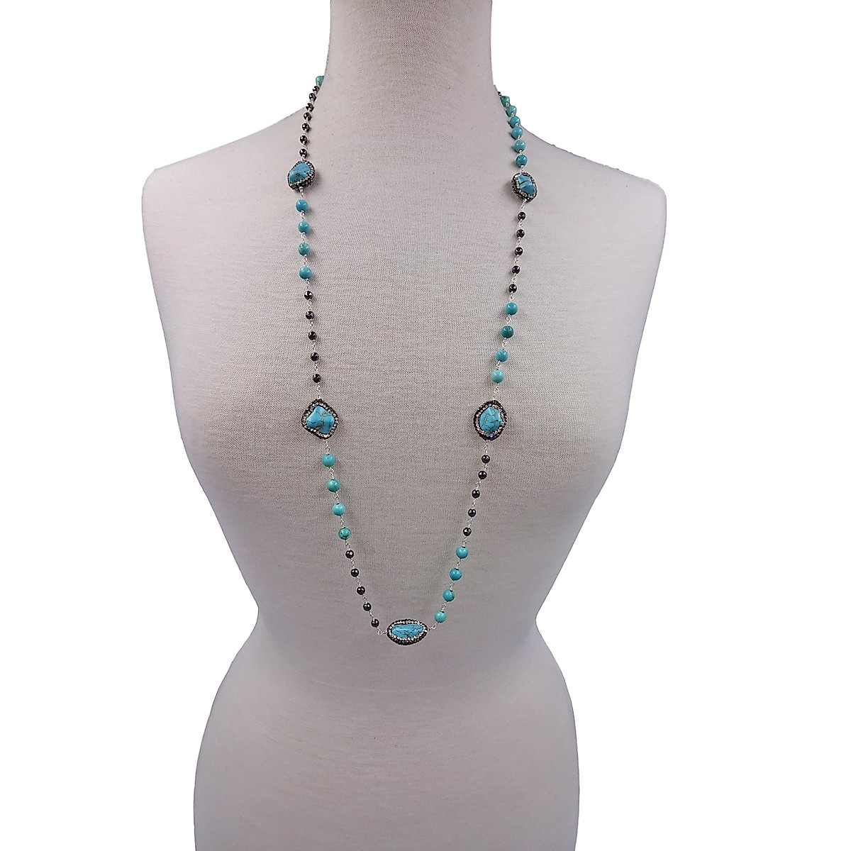 MGR MY GEMS ROCK! Hand Crafted Natural Gemstone Turquoise Color Baroque Turquoise Druzy and Hematite Wire Wrapped and Wire Twisted Long or Double Strand Station Necklace for Women or Men, 33" long.