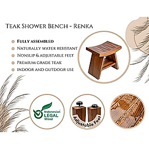 The Teaky Hut Teak Wood Waterproof Shower Bench - with Shelf, Curved, 18 Inch, Wooden Seat Stool for Bathroom, Spa, Garden, Fully Assembled