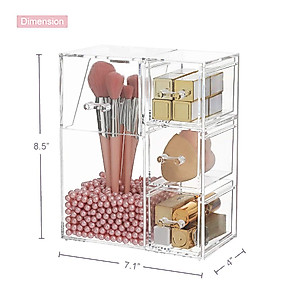 HOSEN Acrylic Makeup Organizer and Brush Holder With Lid Make up Organizer With Pearls Cosmetics Organizer Makeup Brushes Holder With 3 Drawers