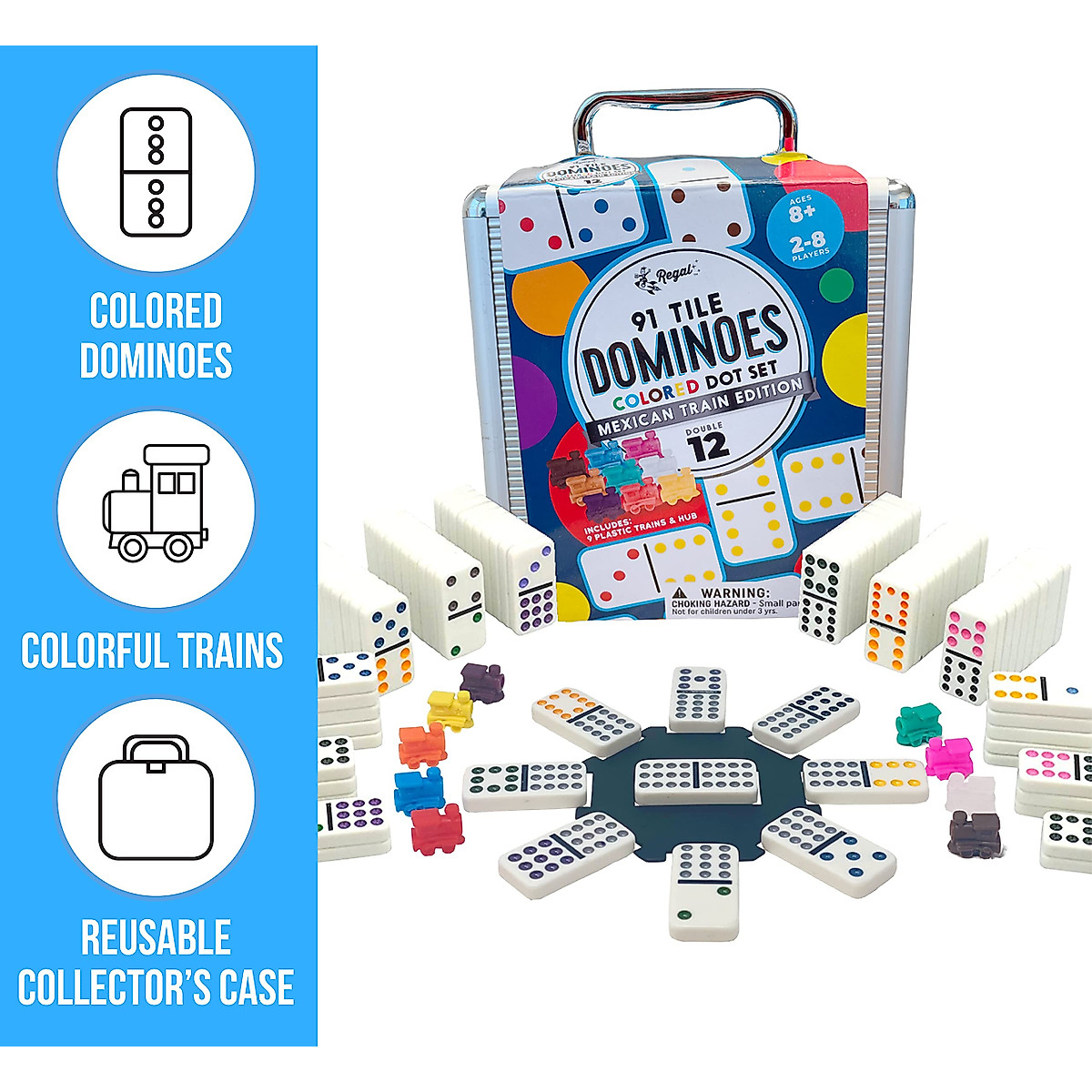 Regal Games - Double 12 Mexican Train Dominoes - Colored Dots Set - Fun Family-Friendly Dominoes Game - Includes 91 Tiles, Collector's Case & Plastic Hub w 9 Plastic Trains - Ideal for 2-8 Players