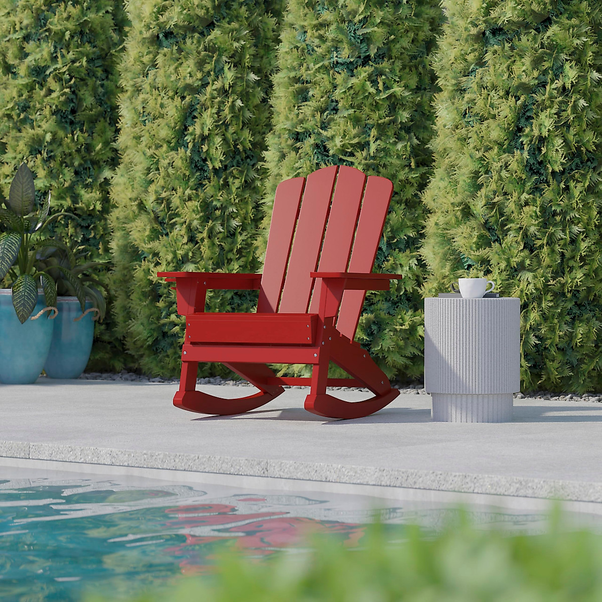Flash Furniture Newport Adirondack Rocking Chair with Cup Holder, Weather Resistant Poly Resin Adirondack Rocking Chair, Red