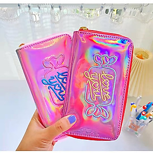 NC Slim Pink wallets for Girls Women, Cute Holographic Luminous Zipper Card Holder Cellphone Handbag Clutch Purse Wallet for Little Girls