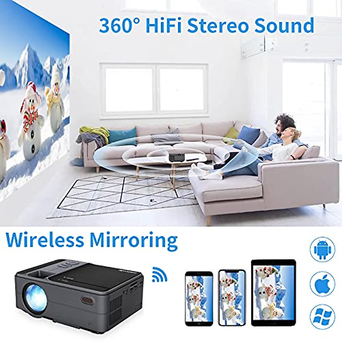 Mini Portable WiFi Projector Support 1080P Home Theater,Wireless Outdoor Movie Projector with Bluetooth,Indoor Smart Android Projector Built in Apps/Speaker/HDMI/USB for Laptop Phone TV Stick