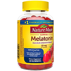 Nature Made Melatonin 10mg per serving Gummies, Maximum Strength Dosage, 100% Drug Free Sleep Aid for Adults, 60 Melatonin Gummies, 30 Day Supply