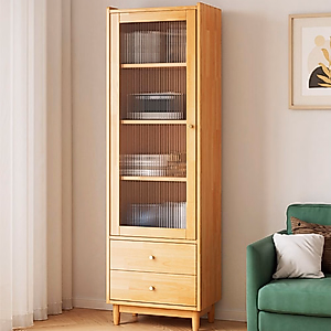 NELYE Wooden Glass Door Bookcase - 4-Tier Cube Bookshelf Storage Cabinet with Double Drawer and Adjustable Shelf, Solid Wood Legs Cupboard in Pear Yellow