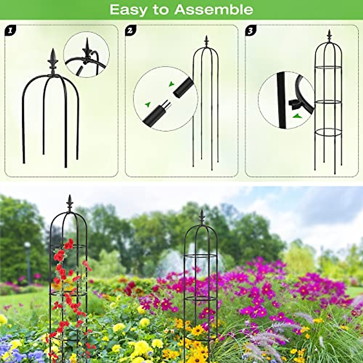 Garden Obelisk Trellis for Climbing Plants, Rustproof Plastic Coated Metal Plant Support, Garden Tower Trellis Indoor Potted Plant, Tomato Plant Cage for Support Rose, Vegetable Vines(1 Pack)