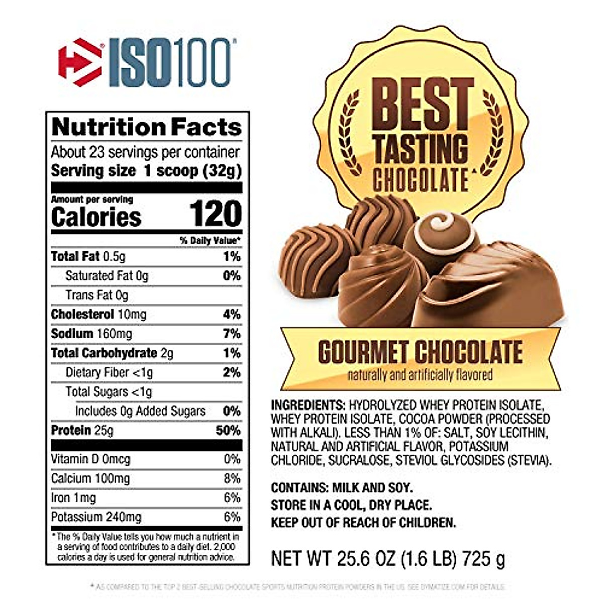 Dymatize ISO 100 Whey Protein Powder with 25g of Hydrolyzed, Chocolate, 1.6 Pound (Pack of 1), 25.6 Ounce