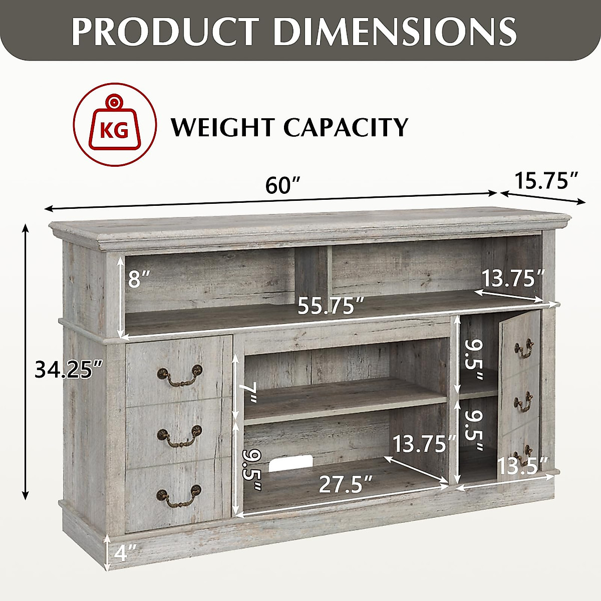 LETESA Traditional Classic Media TV Stand for TV up to 65”, Retro Wooden TV Console with Open and Closed Storage Cabinets for Bedroom, Living Room, Corridor (Light Gray)