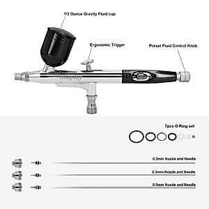 Airbrush Kit, Dual-Action Gravity Airbrush Gun with 0.2mm/0.3mm/0.5mm Needles, 10cc/20cc/40cc Paint Cup, Air Hose and Airbrush Cleaning Kit for Painting Nails Cake Tattoo (Black)