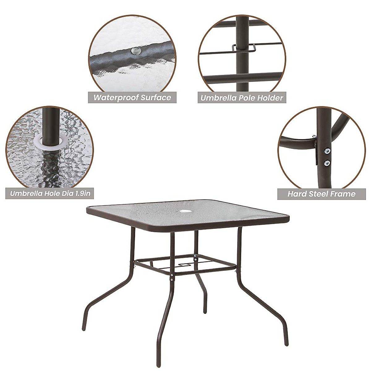 Crestlive Products 5 Piece Patio Dining Set with 4 Folding Chairs and Table Outdoor Dining Furniture with Square Glass Tabletop, Umbrella Hole for Bistro, Garden, Backyard, Deck (Beige)