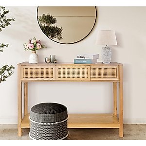 Long Console Table, Console Tables for Entryway, Rattan Entry Table Narrow Wood Console Table with Storage, Modern Couch Table Hallway Table Boho Sofa Table for Living Room
