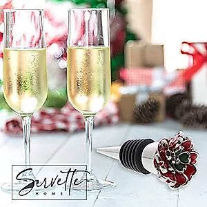 Holiday Wine Stopper Decorative with Colored Gem Flower Accessory Top - Red