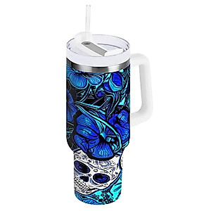 RPLIFE Blue Flowers Sugar Skulls Stainless Steel Coffee Tumbler, Insulated Water Bottle with Straw, Tumbler for Men