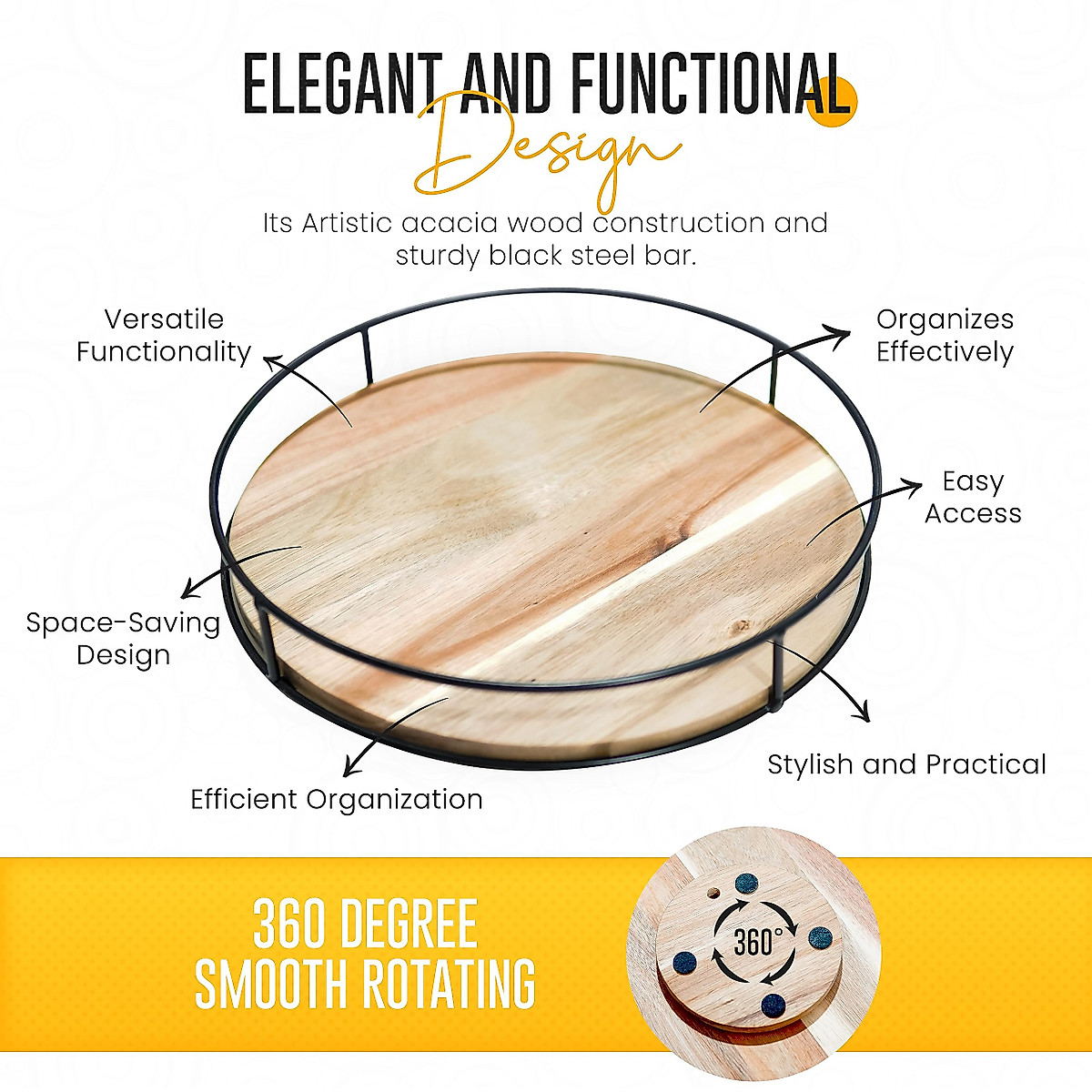 DECORSTATION Wooden Lazy Susan Organizer, 12.5 Inches - Round Lazy Susan for Table, Artistic Acacia Wood with Sturdy Black Steel Bar - 360 Degree Smooth Rotating – Suitable for Countertops & Cabinets
