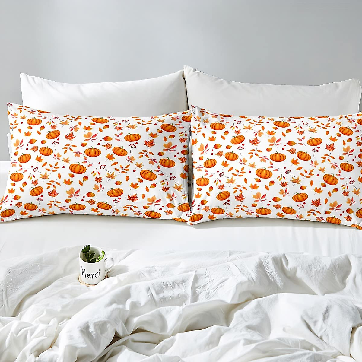 Happy Fall Fitted Sheet Halloween Autumn Pumpkin Bed Sheets Queen,Cute Fall Flowers Maple Leaf Bedding Set Thanksgiving Sheet Set Gifts For Kids Boys Girls Fall Home Bedroom Decor Flat Sheet 4 Pcs